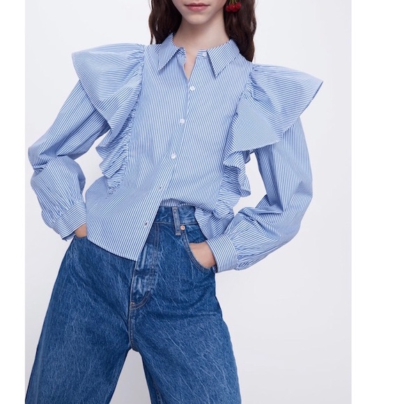 Zara | Tops | Zara Striped Ruffle Shirt M | Poshmark